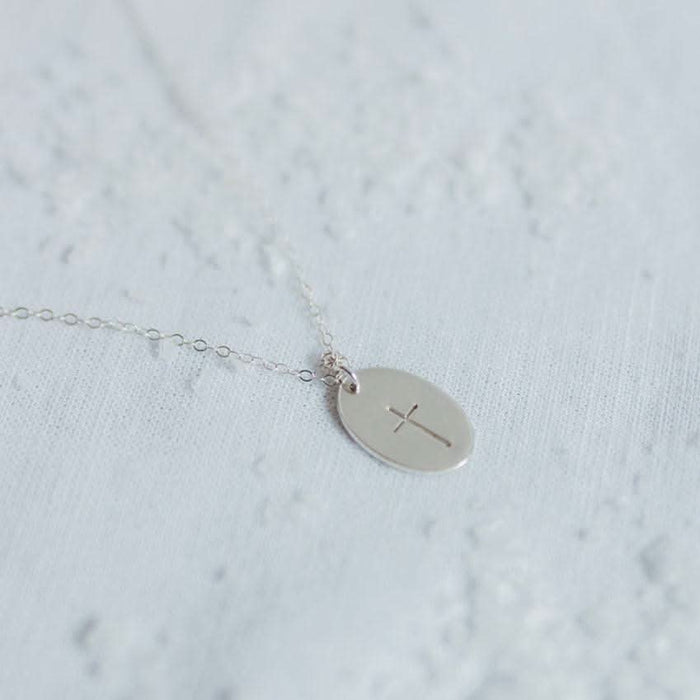 Hand Stamped Oval Cross Necklace| Barberry & Lace Jewelry